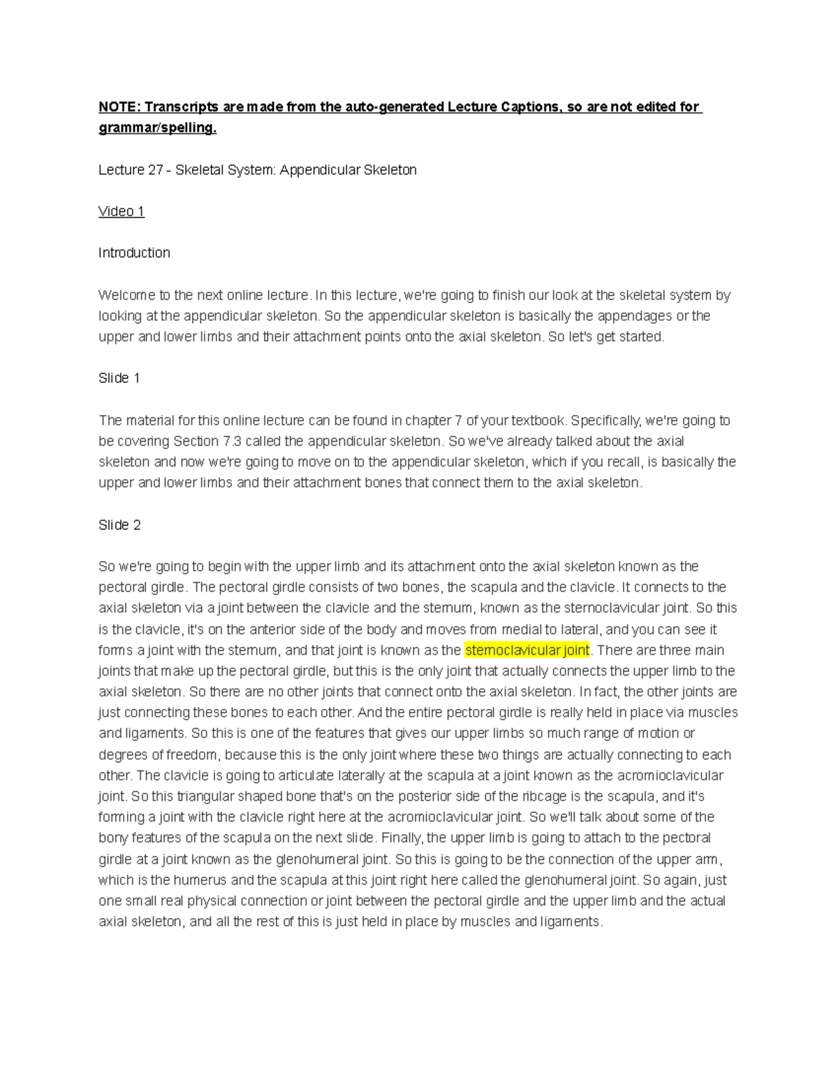 Lecture 27 - Skeletal System- Appendicular Skeleton - NOTE: Transcripts ...