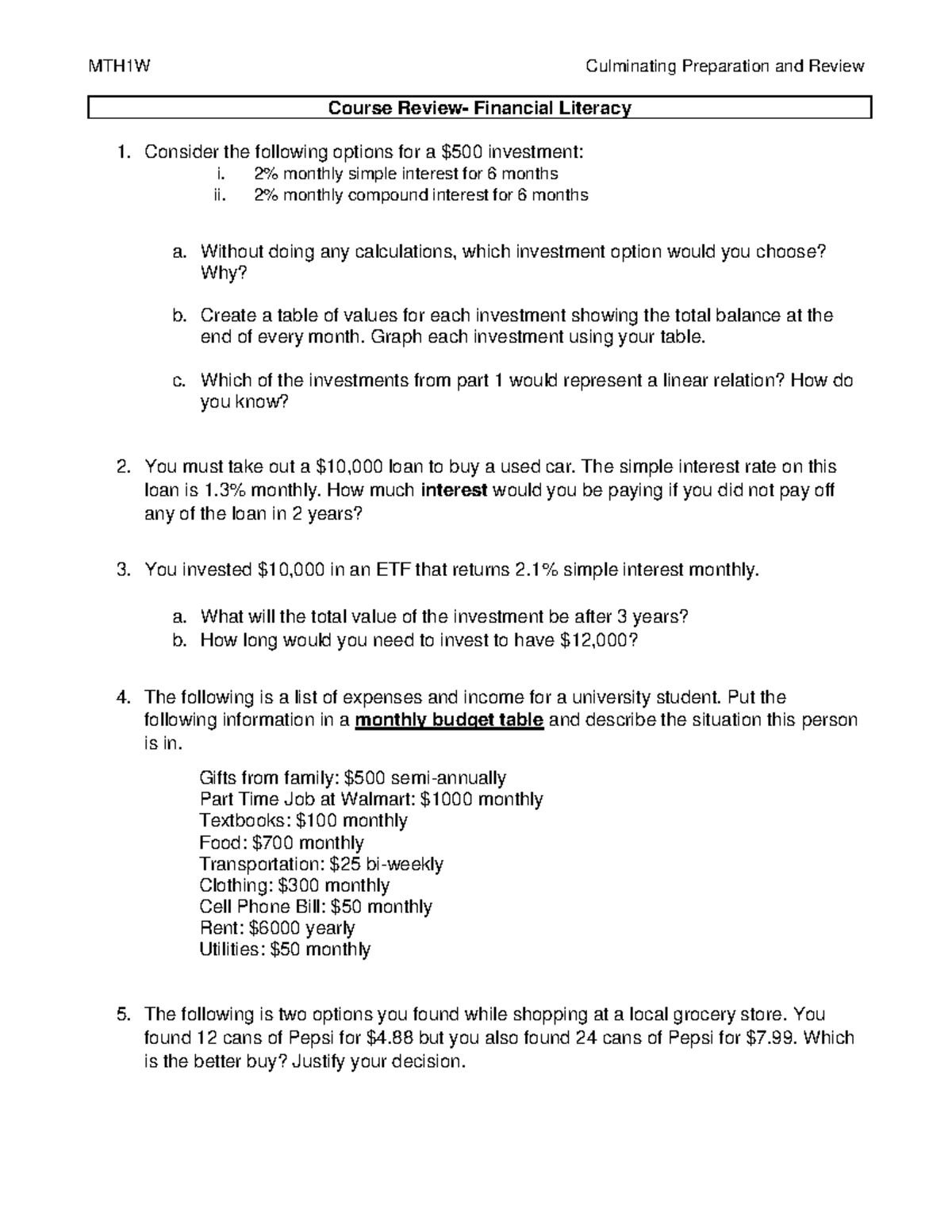 Financial Literacy Review - MTH1W Culminating Preparation and Review ...