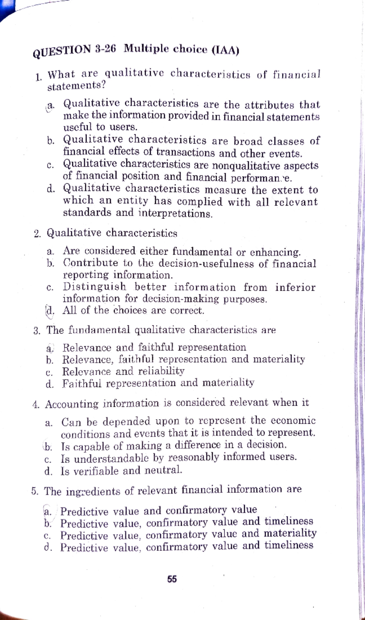 CH3 - Valix's CFAS - QUESTION 3-26 Multiple choice (IAA) 1. What are qualitative characteristics ...