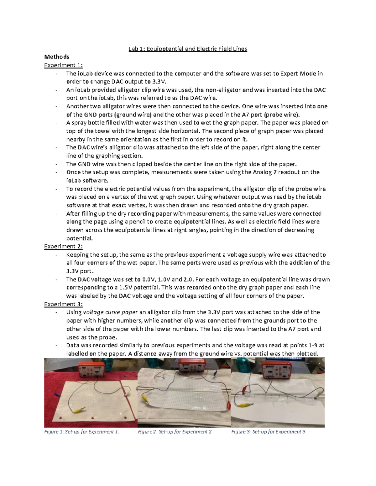 Electricity Lab 1 - Lab 1: Equipotential and Electric Field Lines Methods Experiment 1: The ...