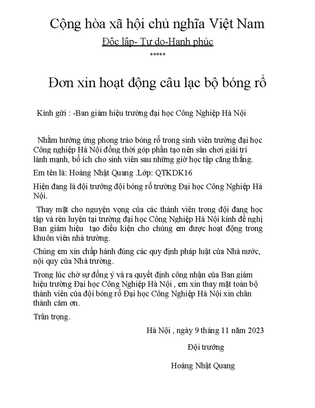 Đơn xin thành lập clb - hay - Cộng hòa xã hội chủ nghĩa Việt Nam Độc ...