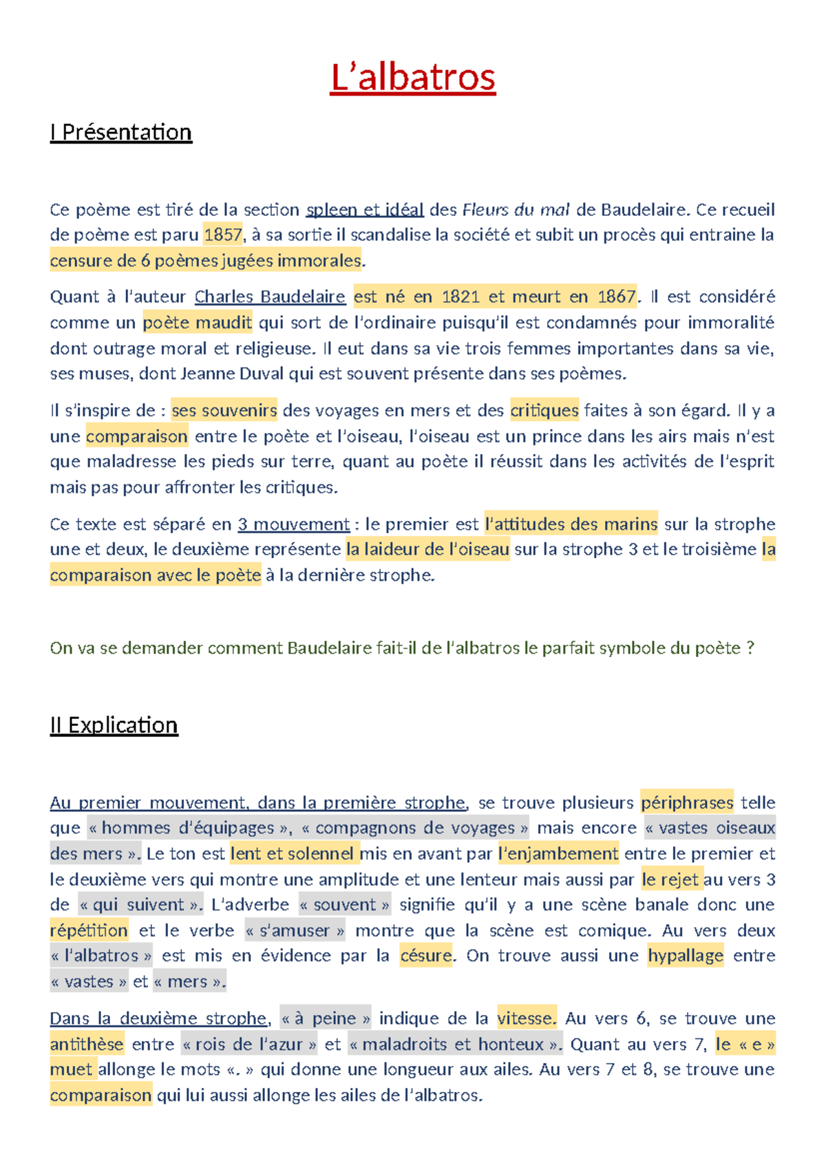 Lecture linéaire : L'albatros - L’albatros I Présentation Ce poème est ...