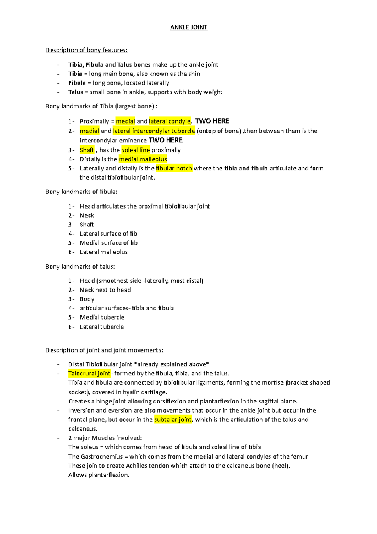 Ankle joint - ANKLE JOINT Description of bony features: Tibia, Fibula ...