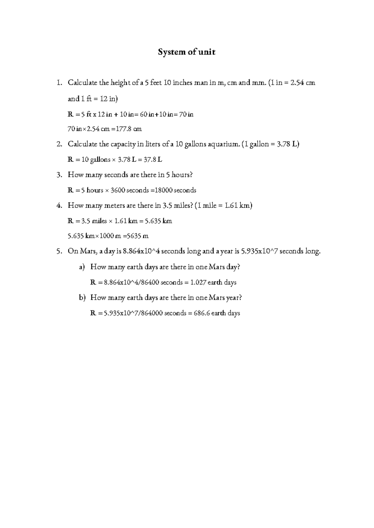 System of unit - class 1 - System of unit 1. Calculate the height of a ...