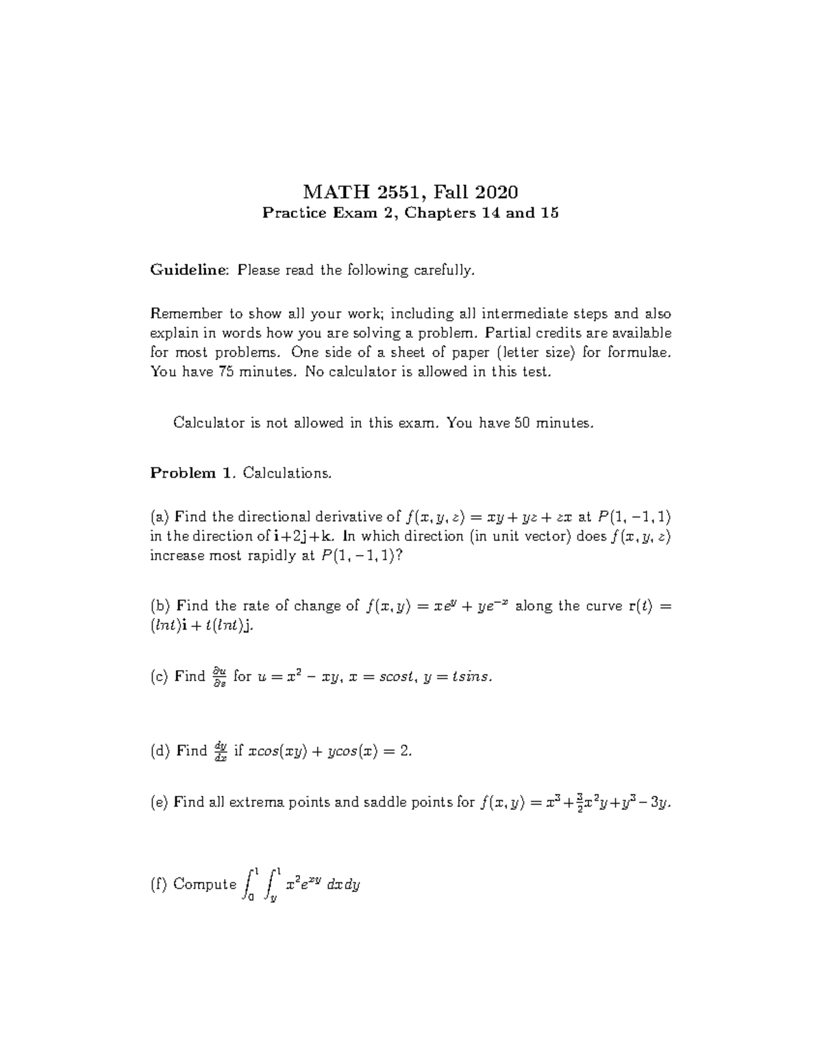 Pr2 - Practice Tests - MATH 2551, Fall 2020 Practice Exam 2, Chapters ...