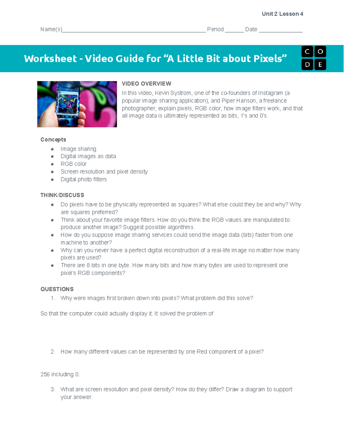 - U2L4 Worksheet - Video Guide for A Little Bit about Pixels - Unit 2 Lesson 4 - Studocu