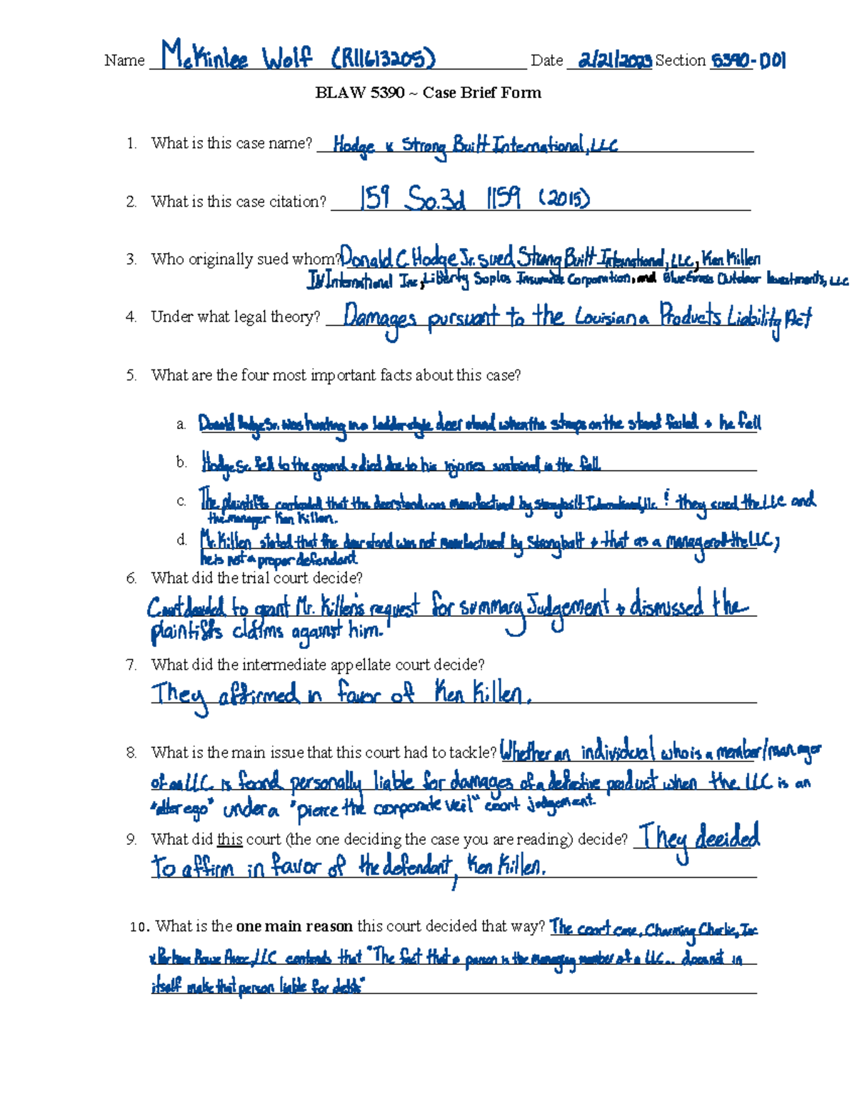 Hodge v. Strong Built Case Brief - Name ...