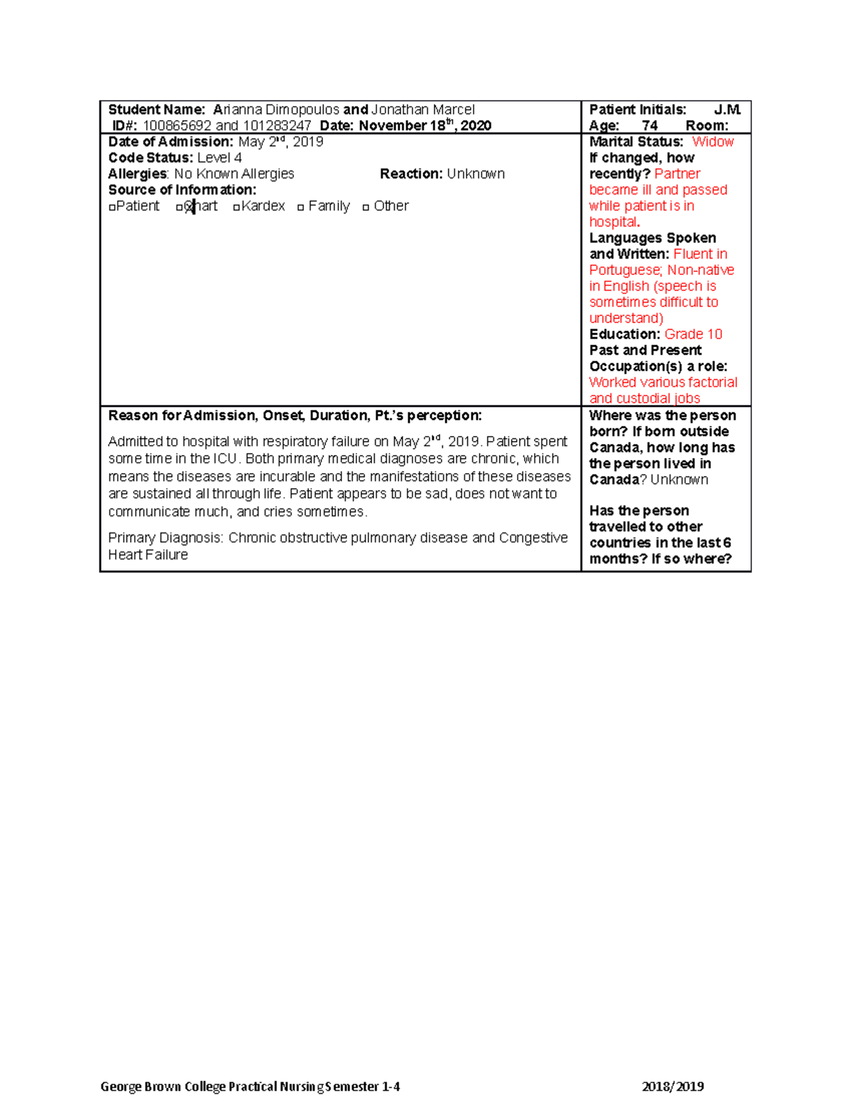 PN Health Assessment DATA Collection FORM for Care plan 2 - Student ...