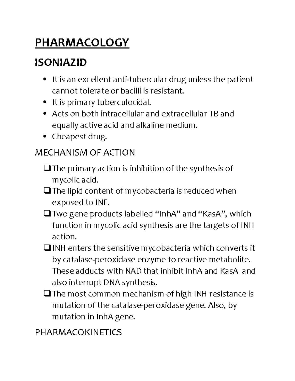 Isoniazid pharmacology - PHARMACOLOGY ISONIAZID It is an excellent anti ...
