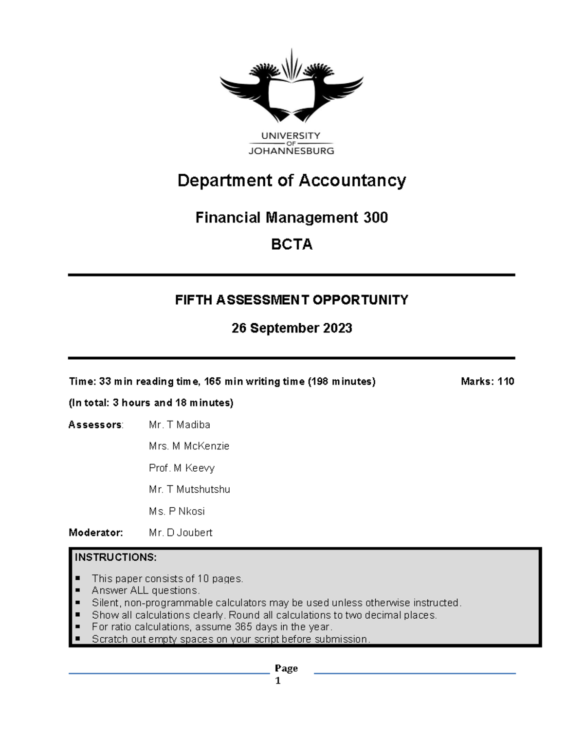 2023 Assessment 5 Scenario - Page Department of Accountancy Financial ...