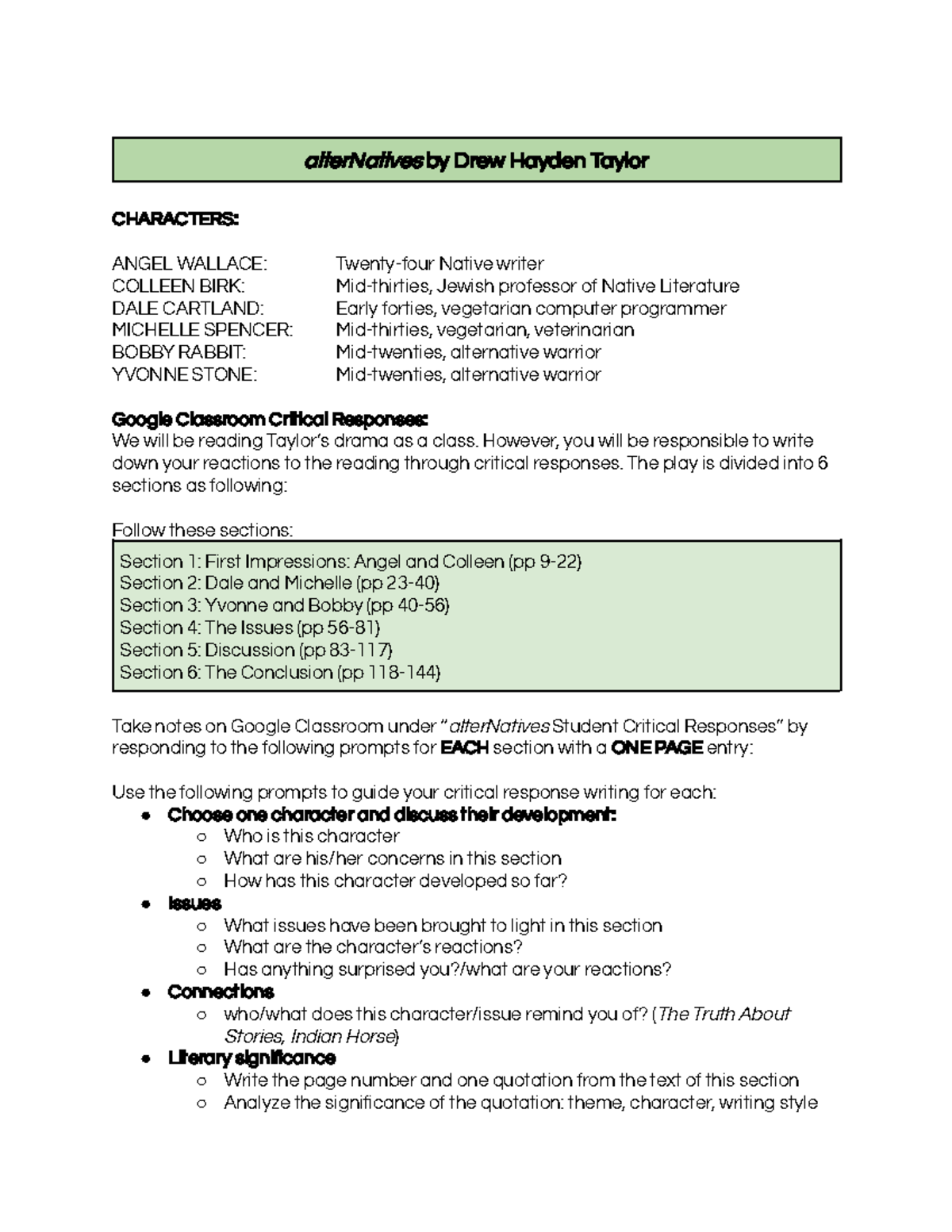 Isabelle Hou - Final Critical Responses alter Natives by Drew Hayden ...