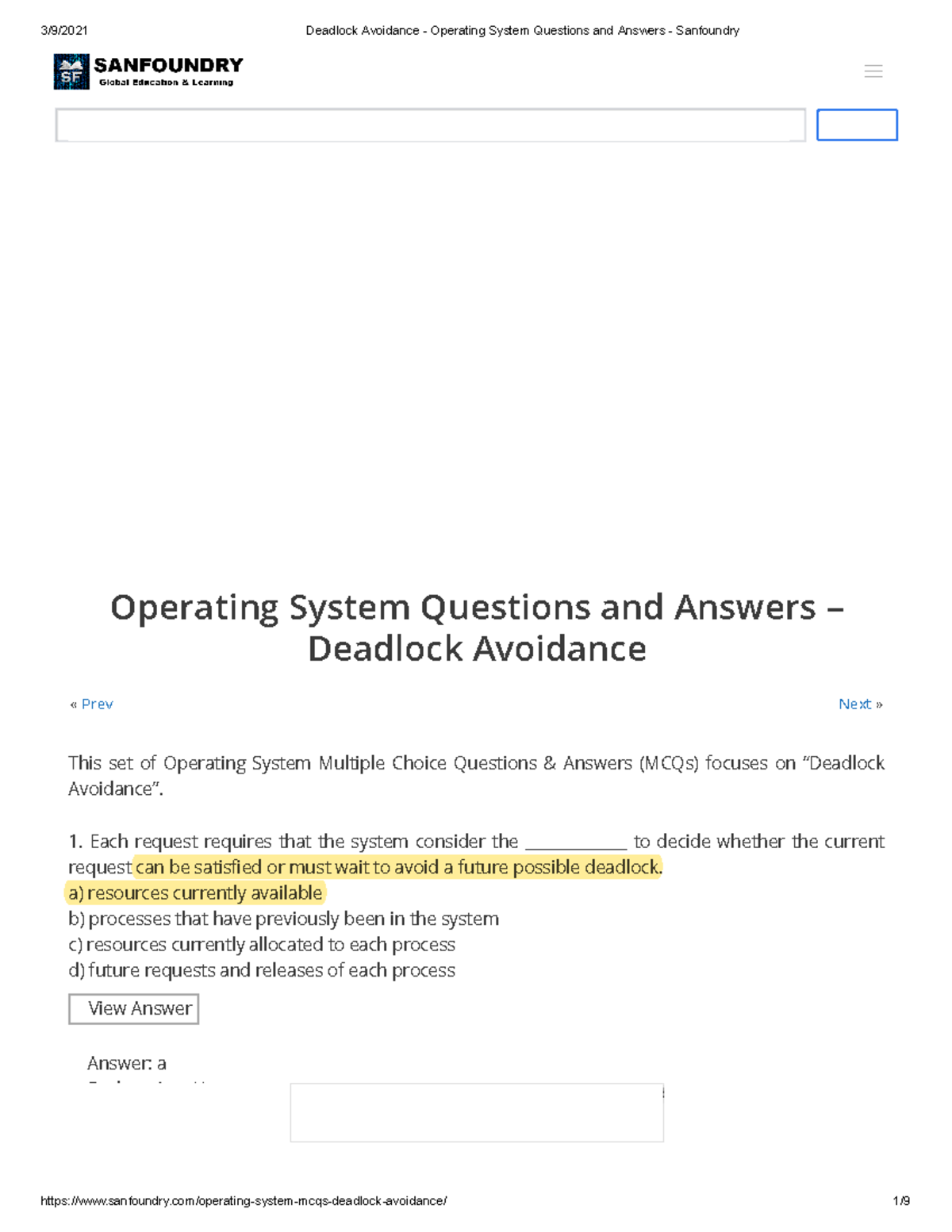 Deadlock Avoidance - Operating System Questions and Answers ...