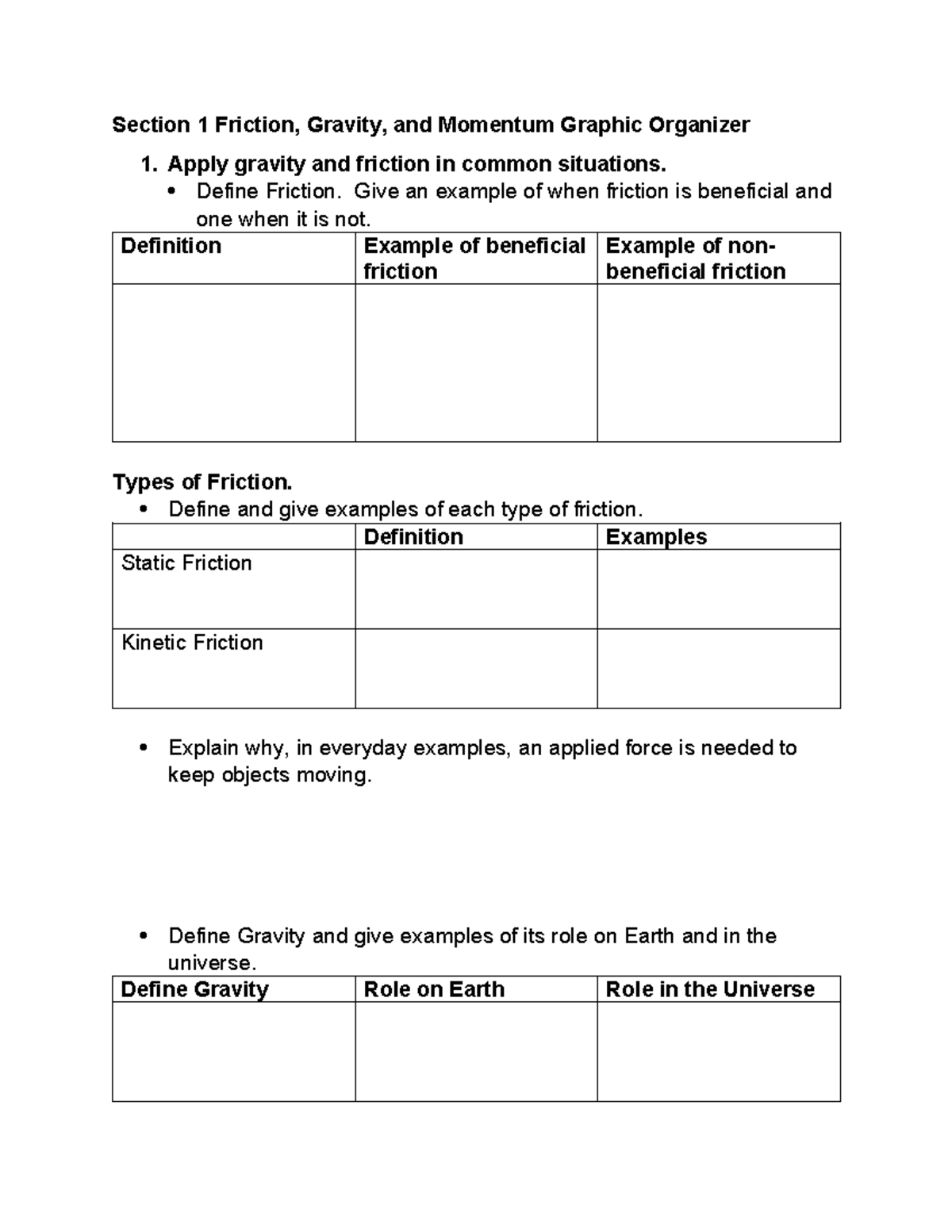 Section 1 Lesson 5-6 - Notes - Section 1 Friction, Gravity, and ...