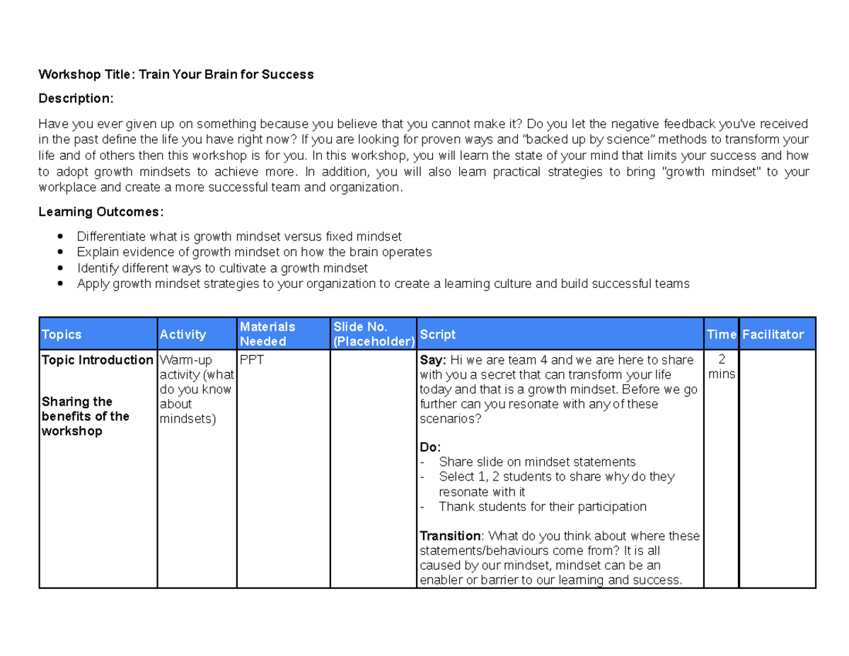 Group 4 Workshop Plan - Train Your Brain For Sucess ( A Growth Mindset ...