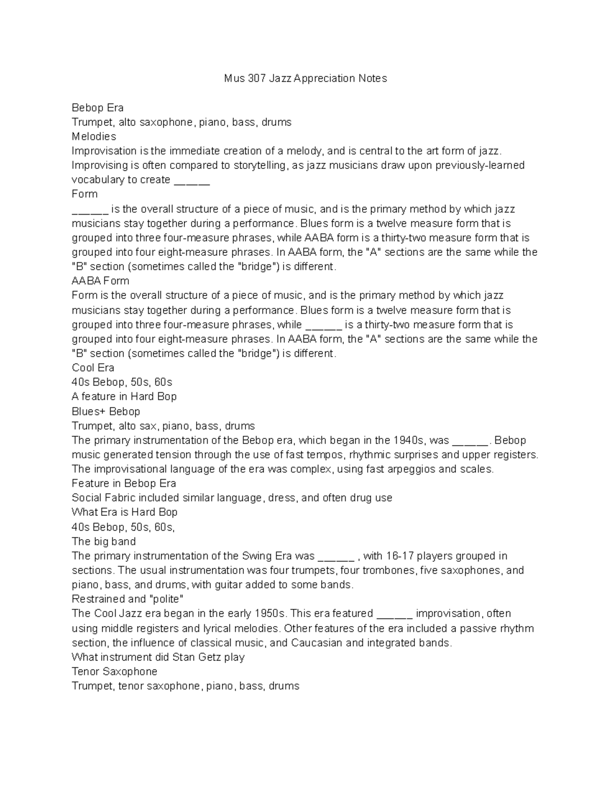 Mus 307 Jazz Appreciation Notes - Mus 307 Jazz Appreciation Notes Bebop ...