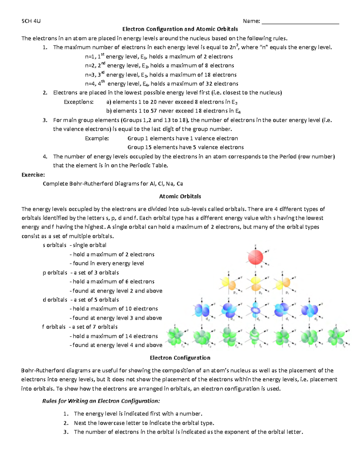 Electron Configuration and Subatomic Orbitals Notes - SCH 4U Name