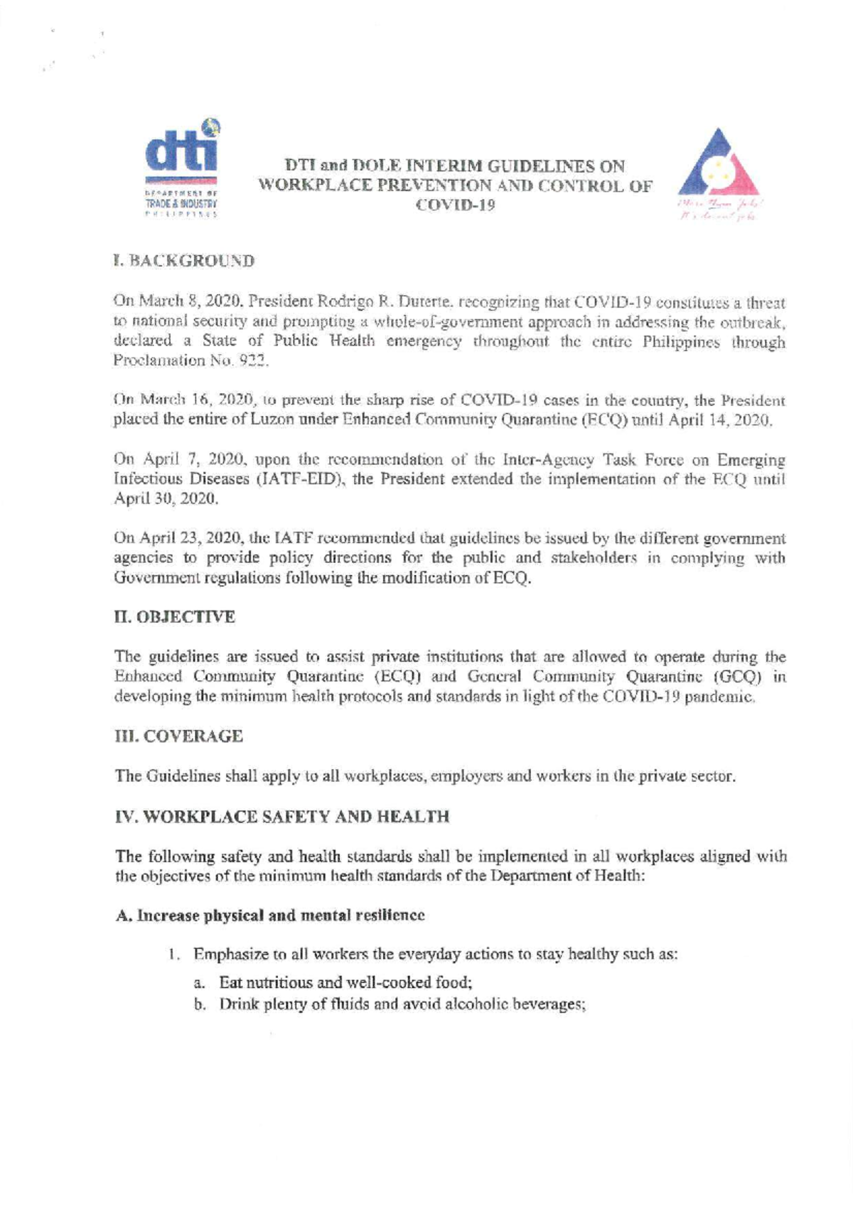 DTI and DOLE Interim Guidelineson Workplace Preventionand Controlof ...