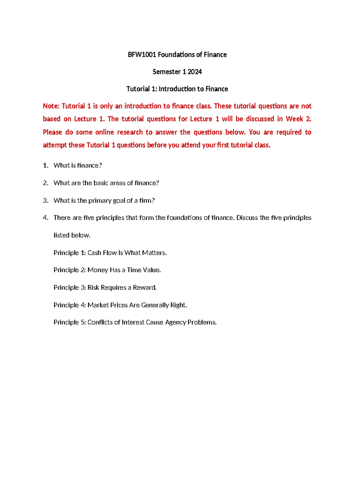 BFW1001 Tutorial 1 Questions - BFW1001 Foundations of Finance Semester ...