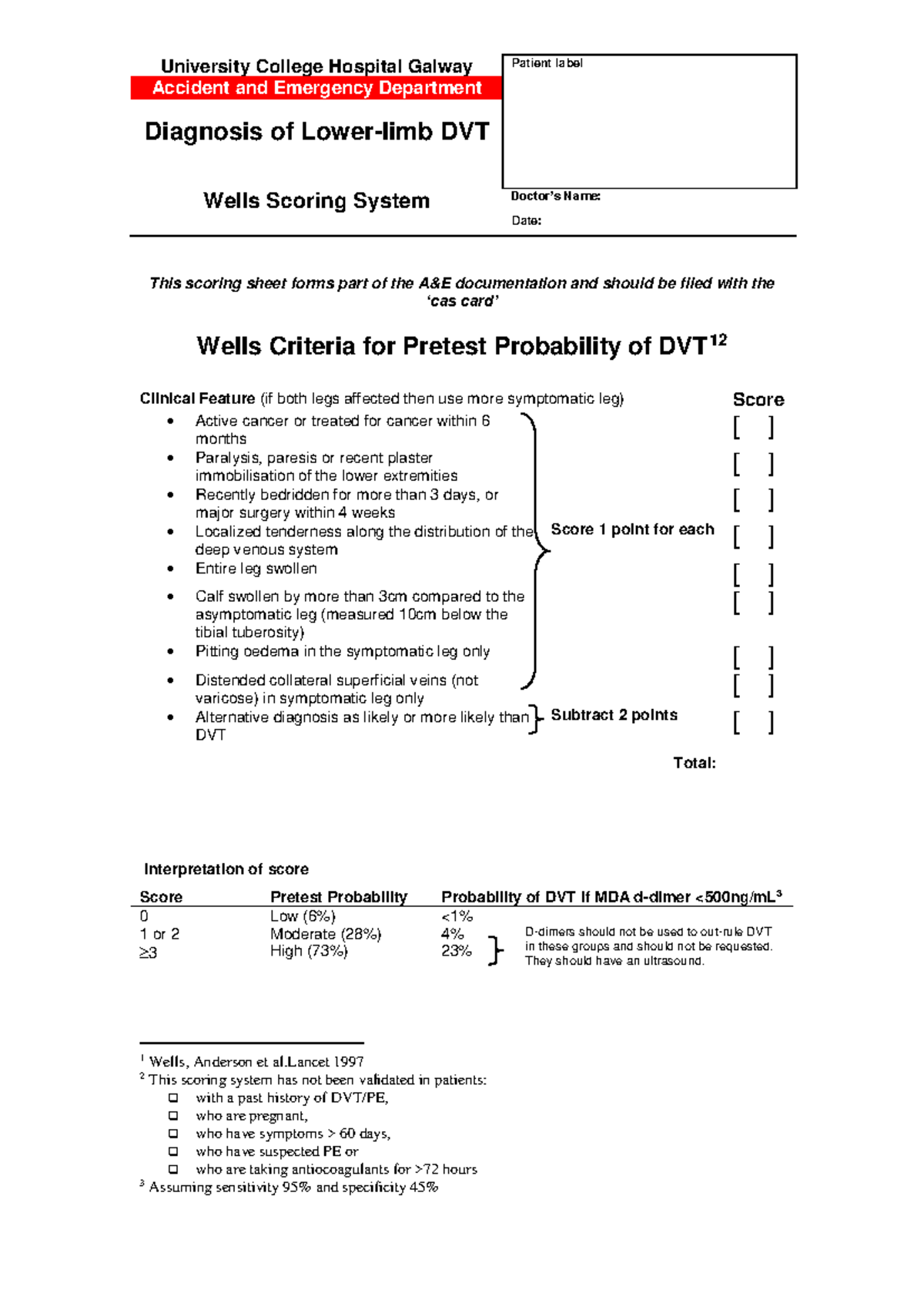 Wells DVT pdf 0 - University College Hospital Galway Patient label ...