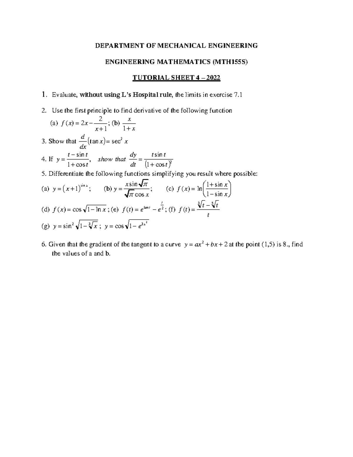 Tutorial Sheet 4 - Questions - DEPARTMENT OF MECHANICAL ENGINEERING ...
