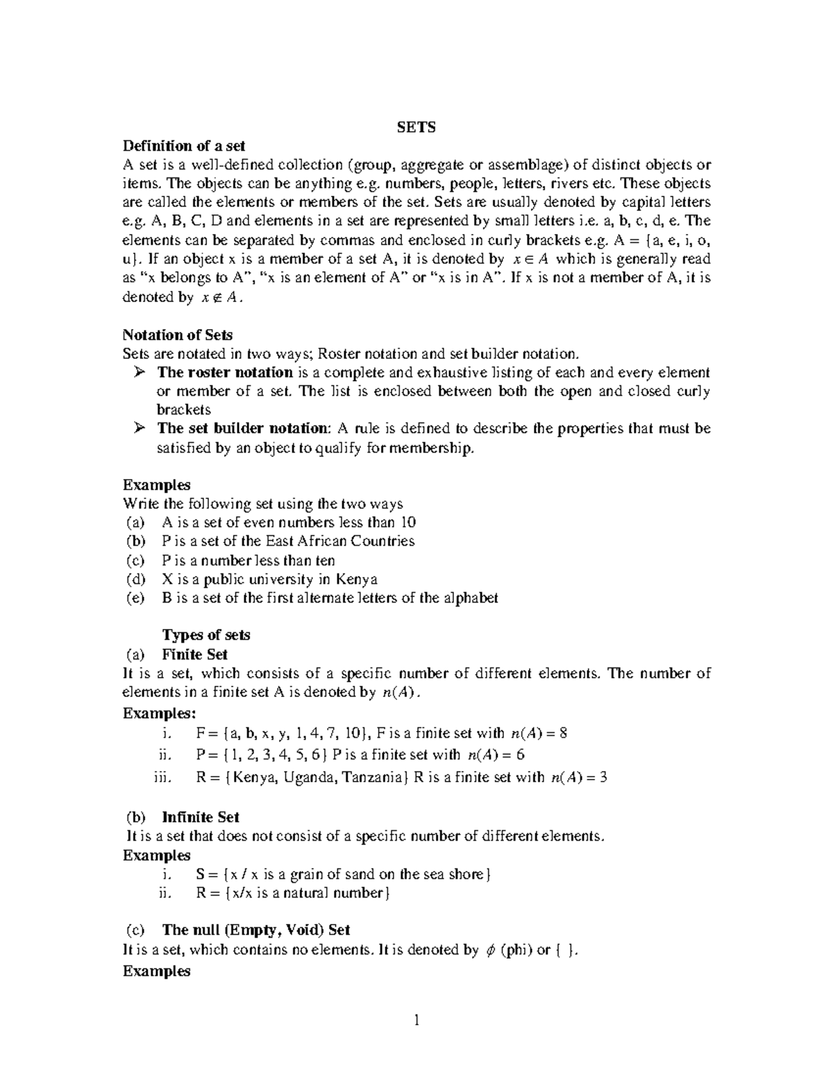 Set theory 2019 notes - Mr KIHATO - SETS Definition of a set A set is a ...