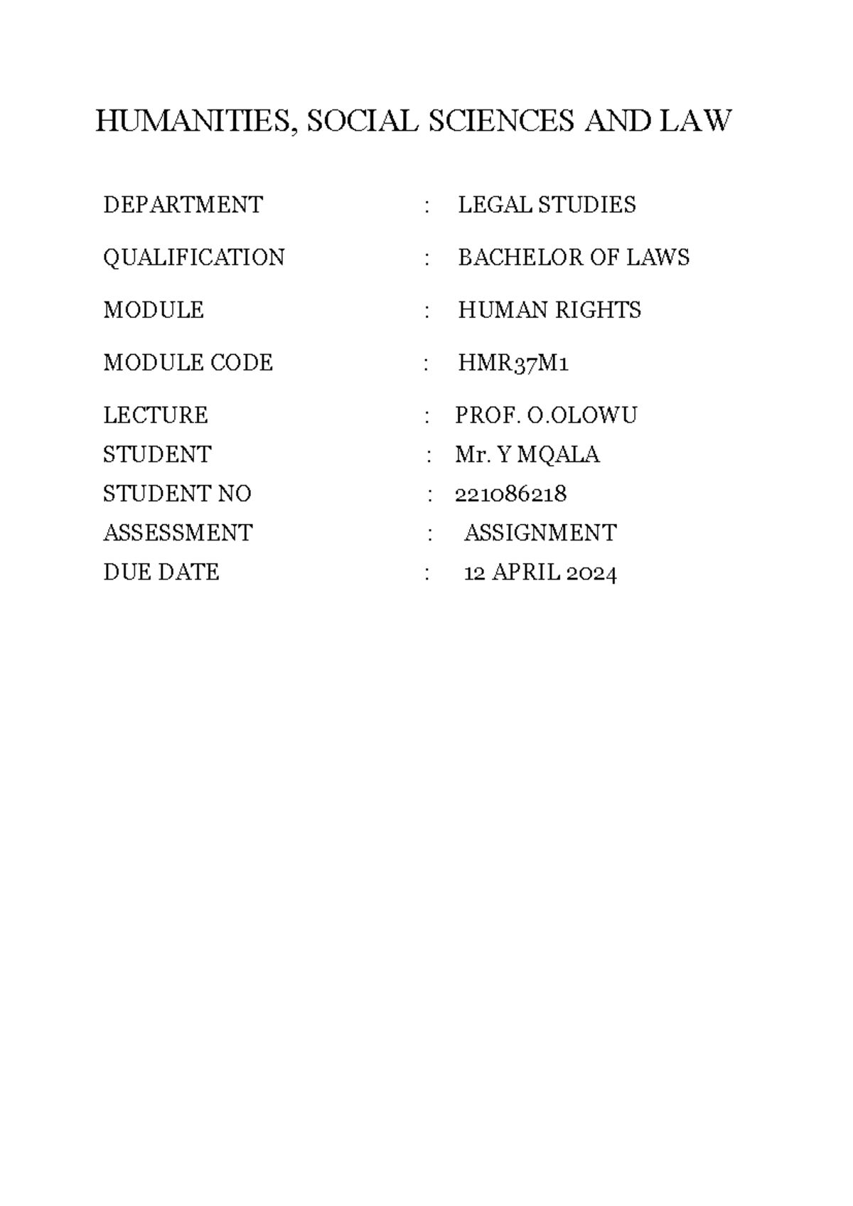 Human Rights Assignment - HUMANITIES, SOCIAL SCIENCES AND LAW ...