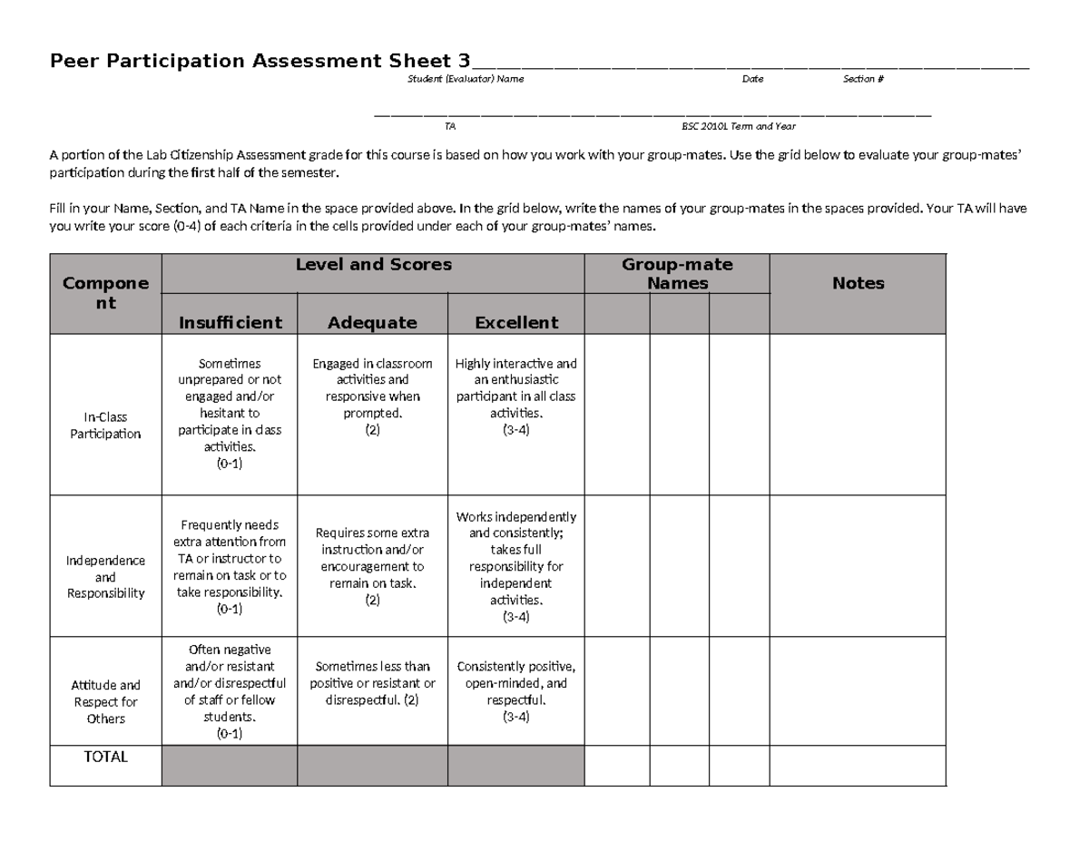 Peer Participation Assessment Sheet 3 - Use the grid below to evaluate ...