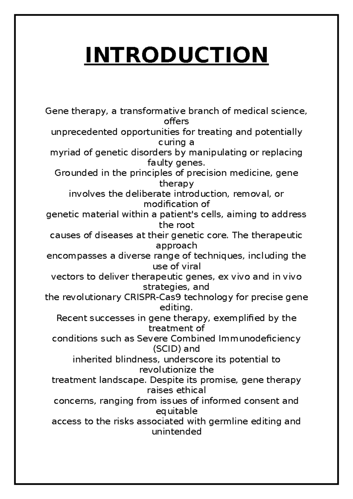 BIO Investigatory Project - INTRODUCTION Gene therapy, a transformative ...