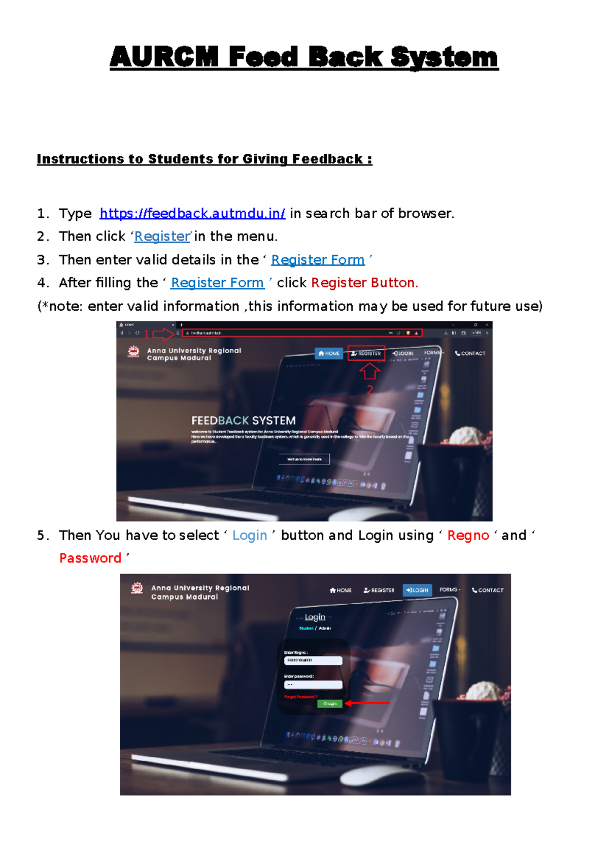Aurcm Feed Back System - AURCM Feed Back System Instructions to ...