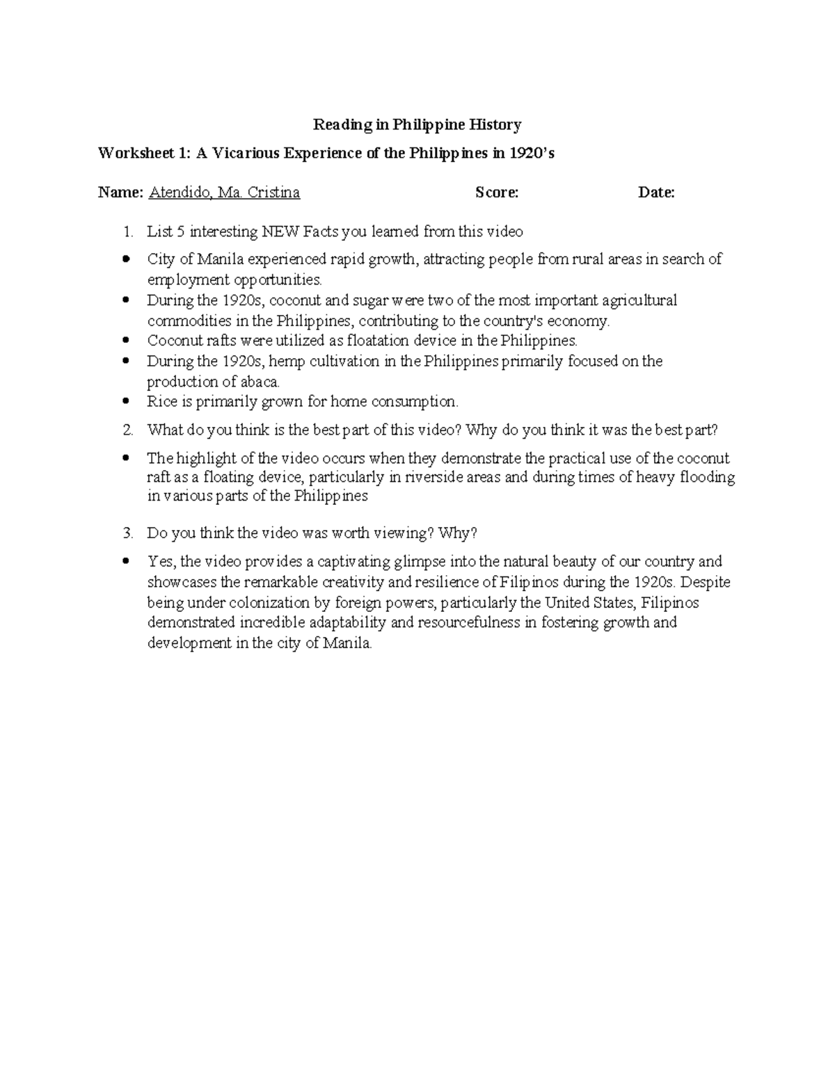 Reading in Philippine History Atendido - Reading in Philippine History ...