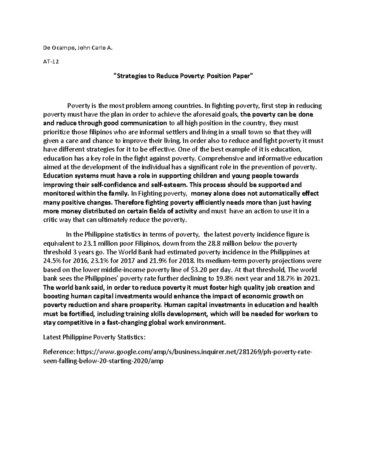 Position paper - De Ocampo, John Carlo A. AT- "Strategies to Reduce ...