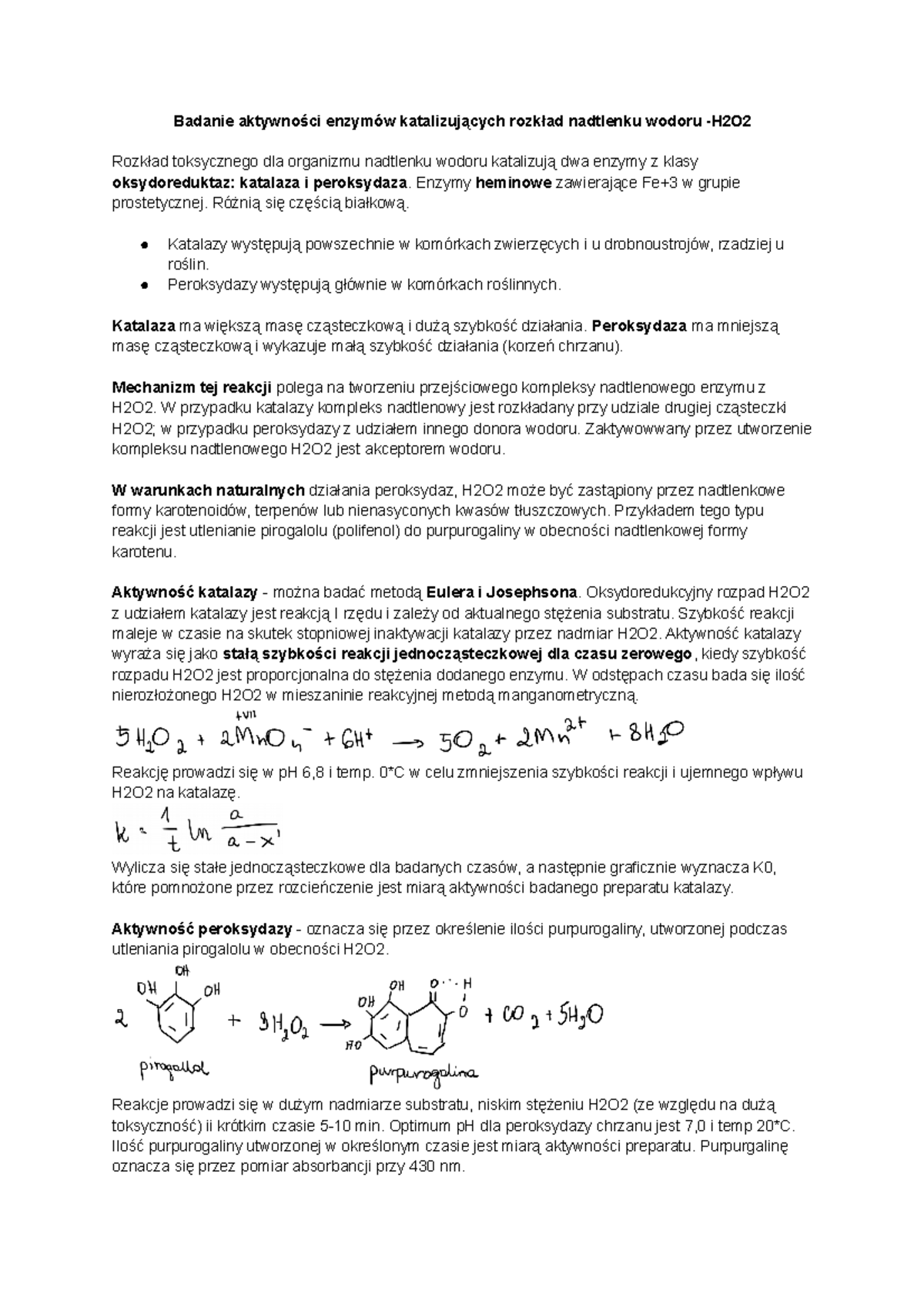 Kartkówka Katalaza I Peroksydaza - Badanie aktywności enzymów ...