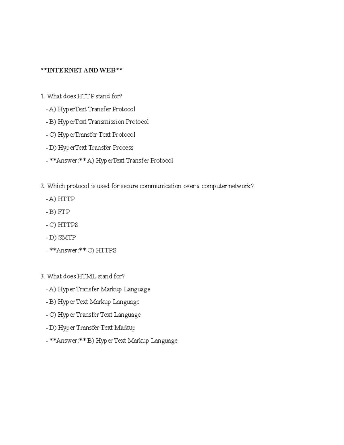 IT Question AND Answers - INTERNET AND WEB What does HTTP stand for? A ...