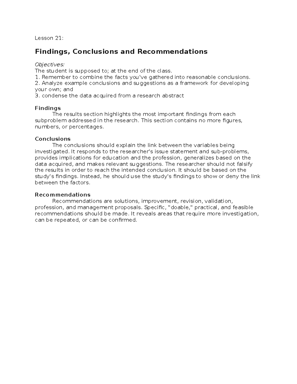 Lesson 21 Findings, Conclusions & Recommendations - Lesson 21: Findings ...