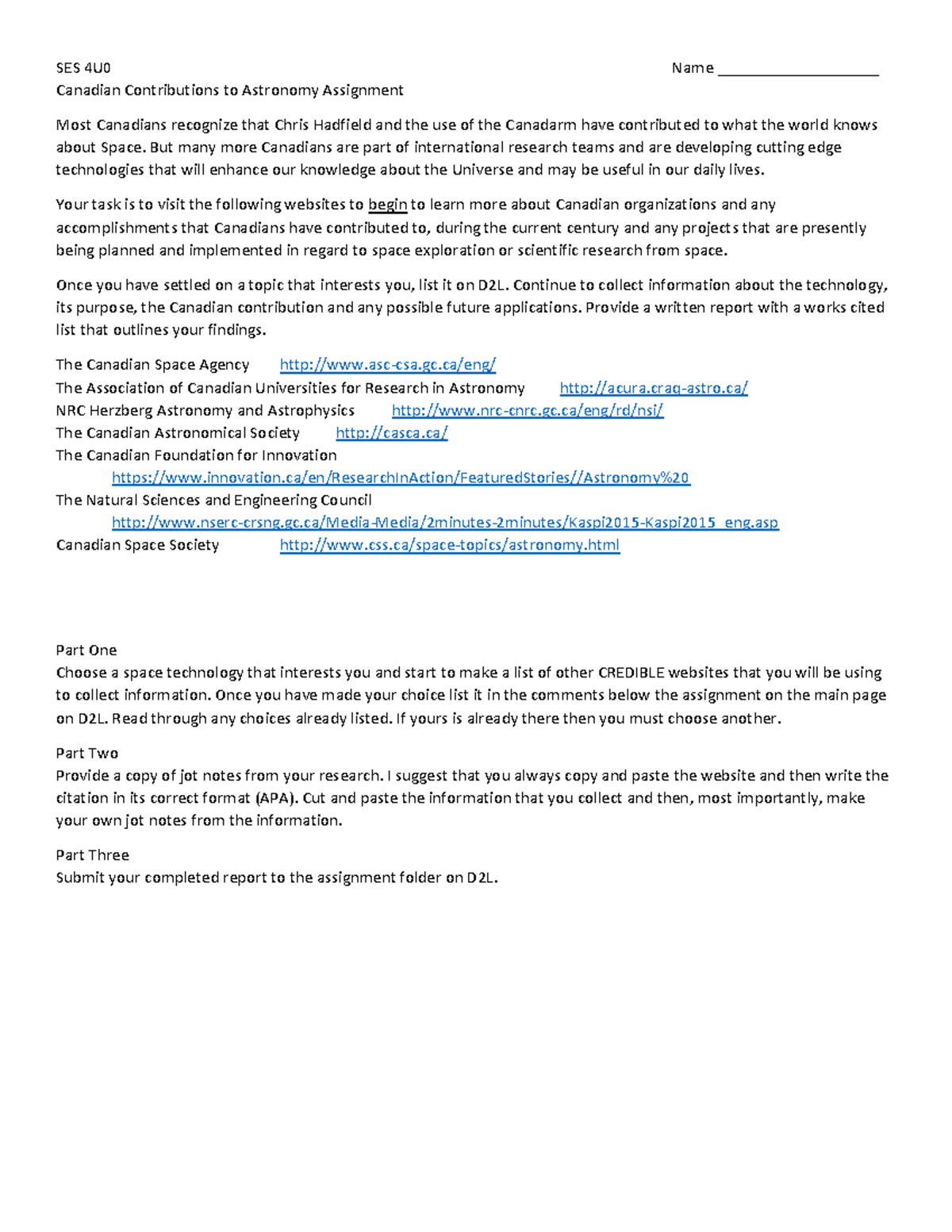 Canadian Space Tech Assignment - SES 4U0 Name ...