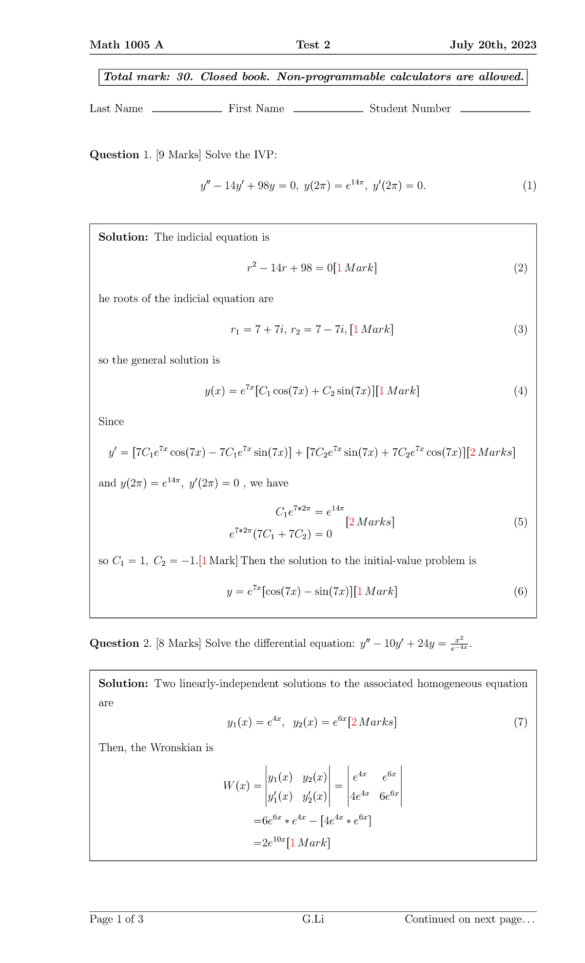 Solutions-Math 1005 Test 2 2023 Summer - Math 1005 A Test 2 July 20th ...