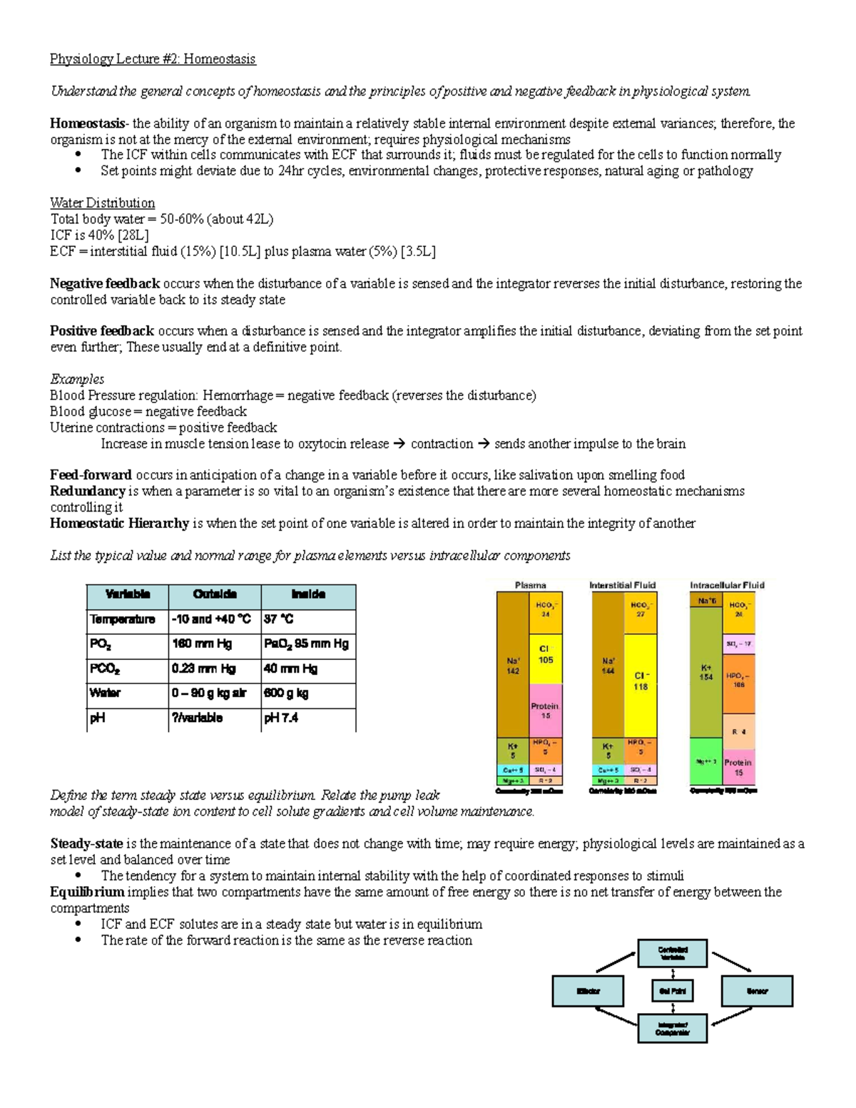 Physio LEcture notes - Physiology Lecture Homeostasis Understand the ...