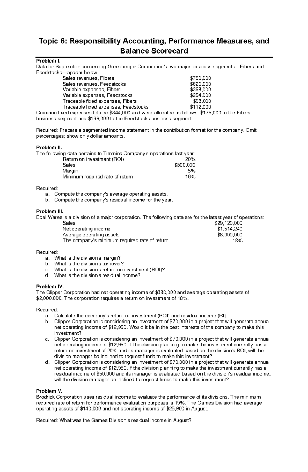 Topic 6 Responsibility Accounting, Performance Measures, and Balance ...