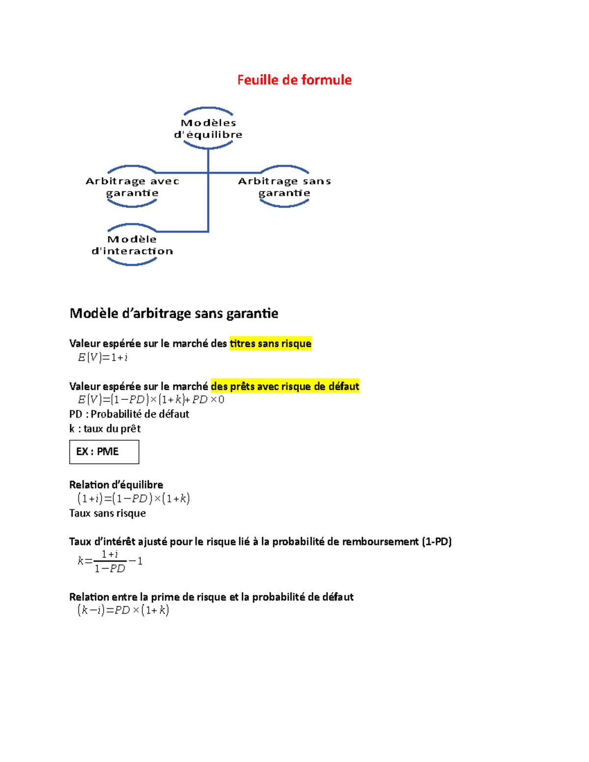 Feuille de formule Intra - Feuille de formule Modèle d’arbitrage sans ...