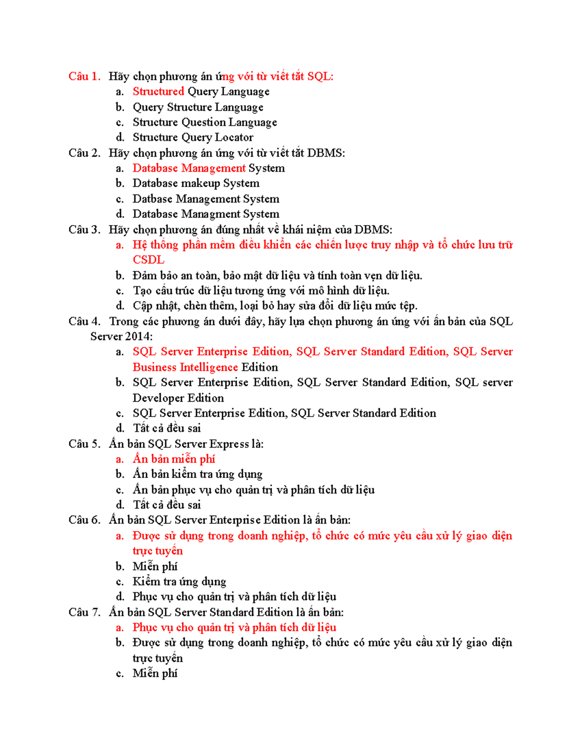 Sql dap an - co so du lieu - Câu 1. Hãy chọn phương án ứng với từ viết ...
