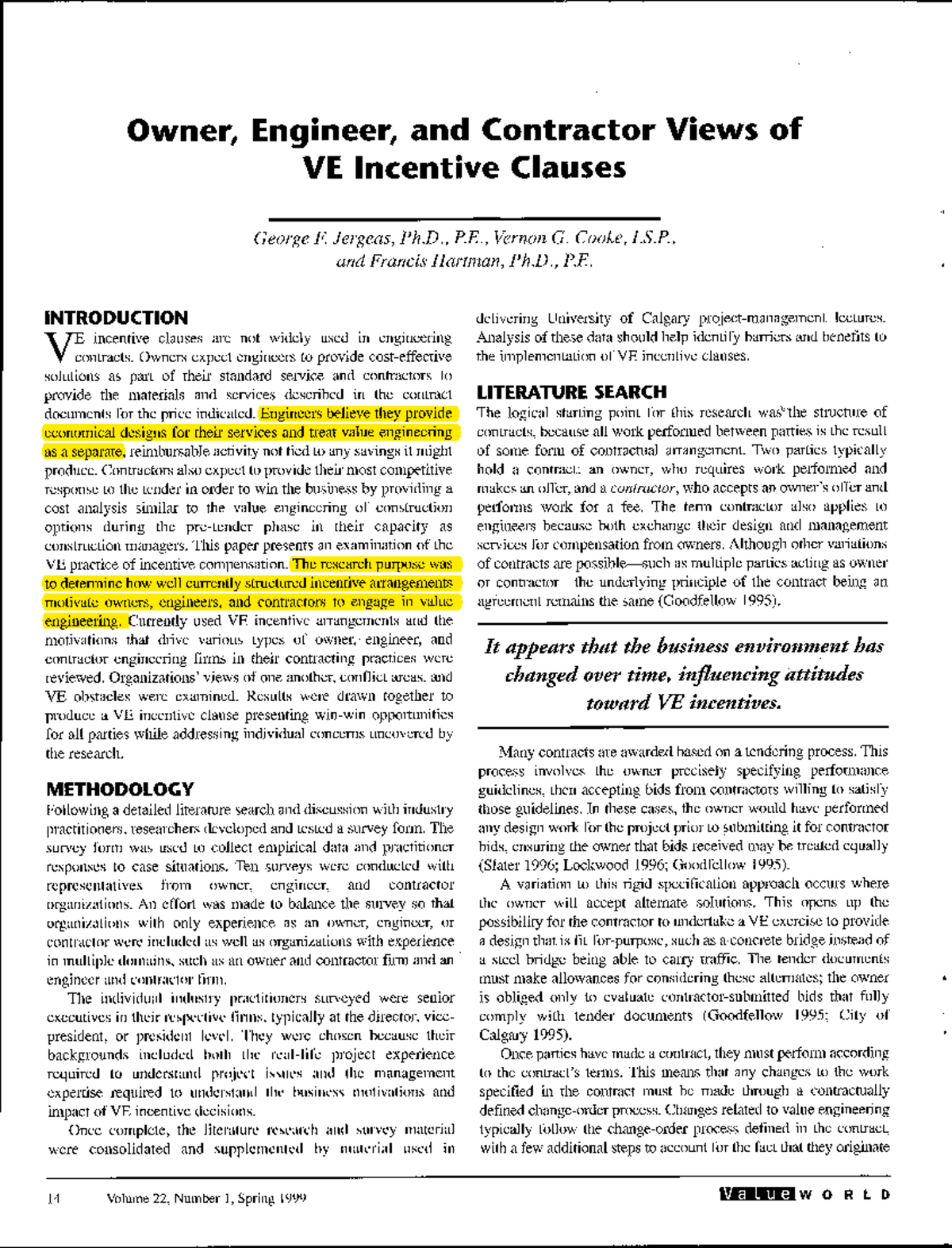 Value world 1999 Spring - Owner, Engineer, and Contractor Views of VE ...