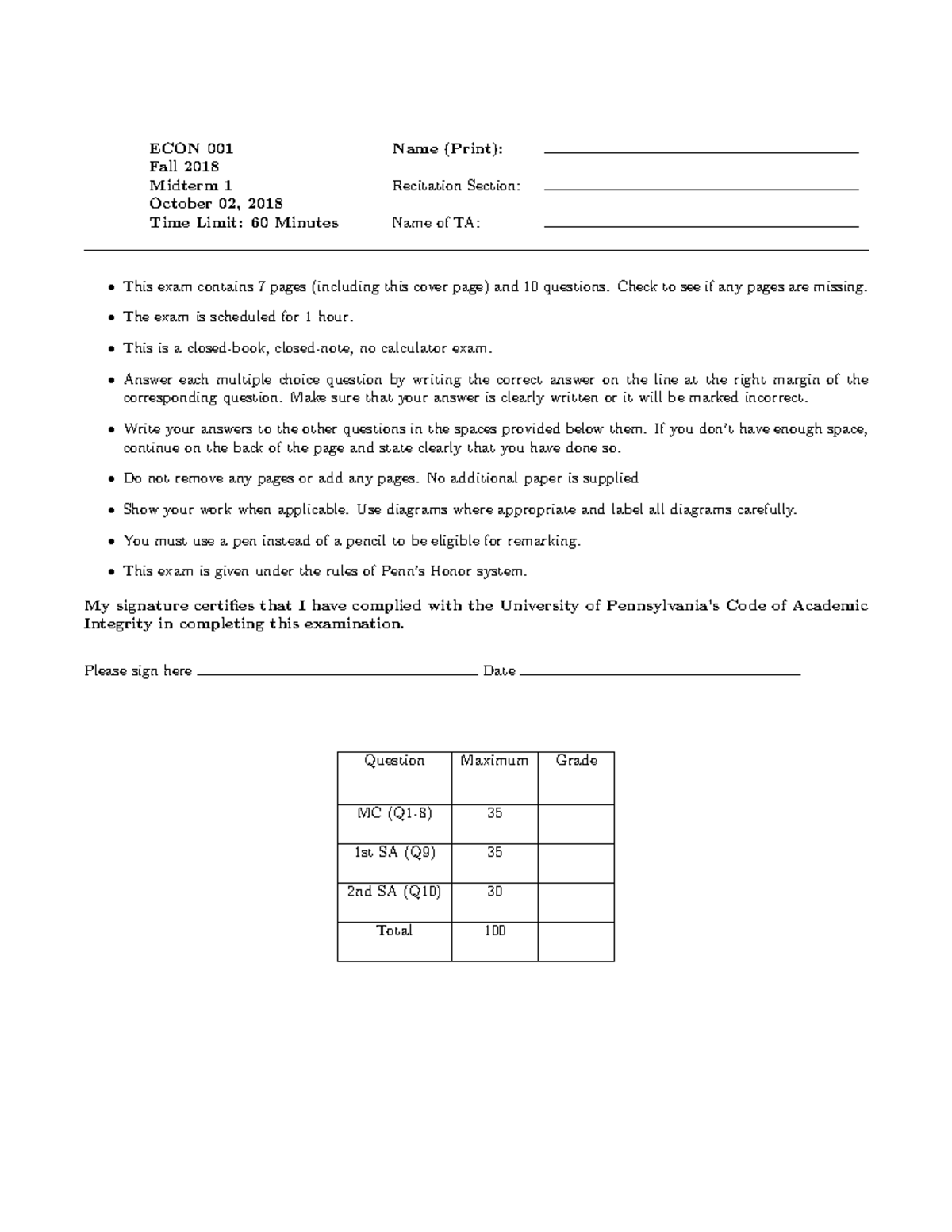 MT1 Econ1 F18 no AK - Exam - ECON 001 Name (Print): Fall 2018 Midterm 1 Recitation Section ...