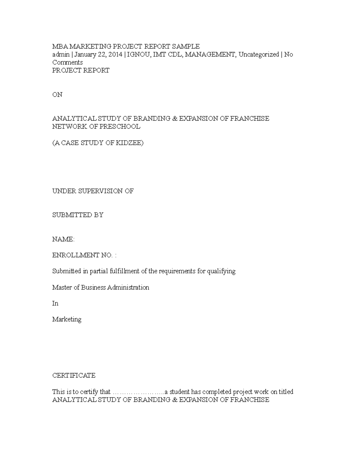 MBA Marketing Project Report - MBA MARKETING PROJECT REPORT SAMPLE ...