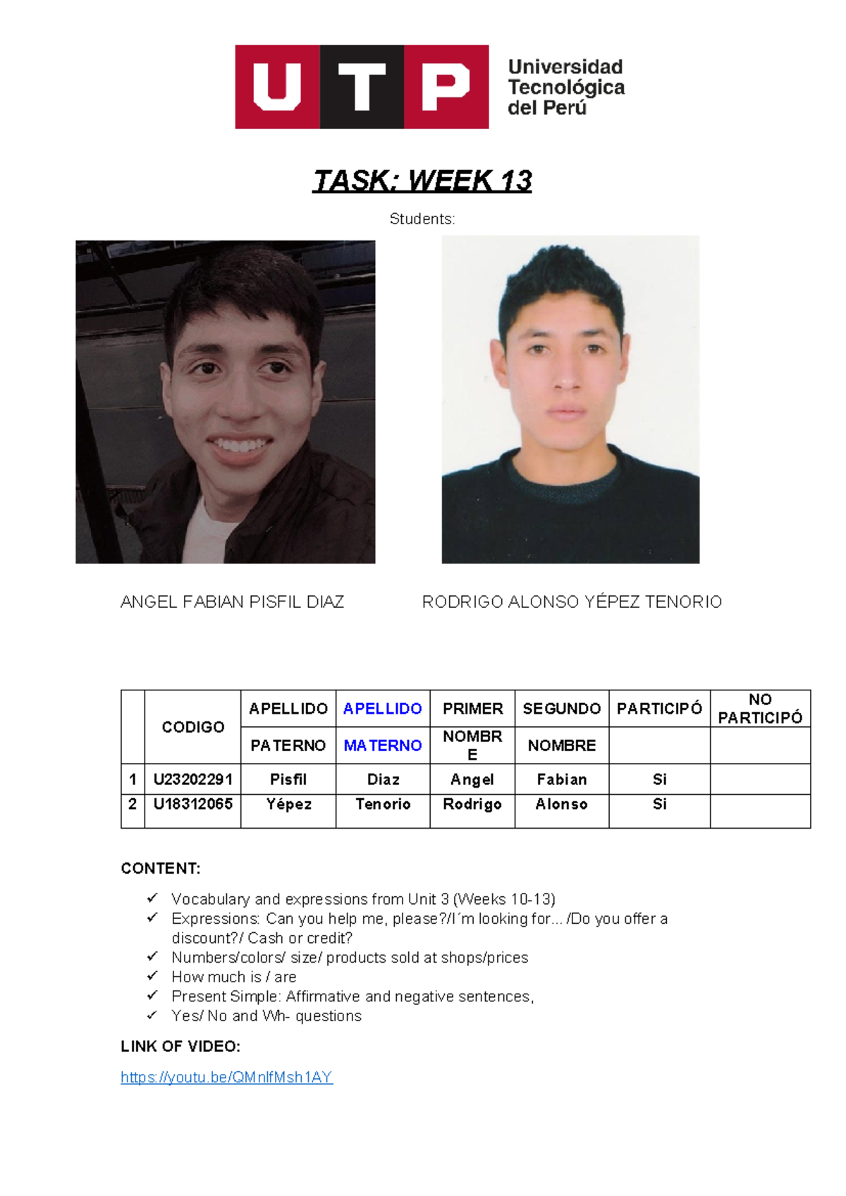 TASK - WEEK 13 TA3 - TA 3 - TASK: WEEK 13 Students: ANGEL FABIAN PISFIL DIAZ RODRIGO ALONSO ...