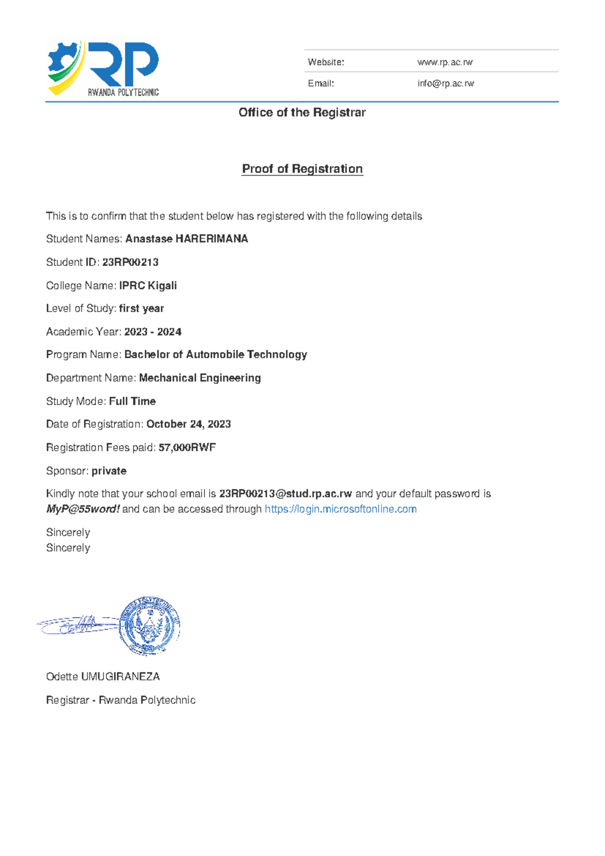 Proof of registration - pleasant - Website: rp.ac Email: info@rp.ac ...