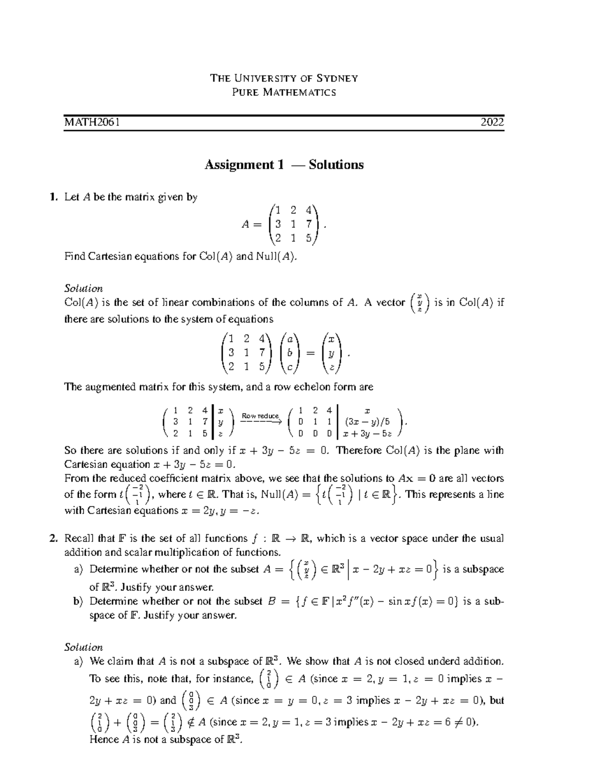 Assignment 1 2022SS sol 1 - THE UNIVERSITY OF SYDNEY PURE MATHEMATICS MATH2061 2022 Assignment 1 ...