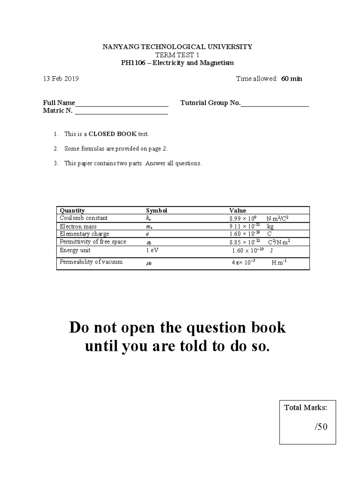 Test Paper 2024 - NANYANG TECHNOLOGICAL UNIVERSITY TERM TEST 1 PH1106 ...