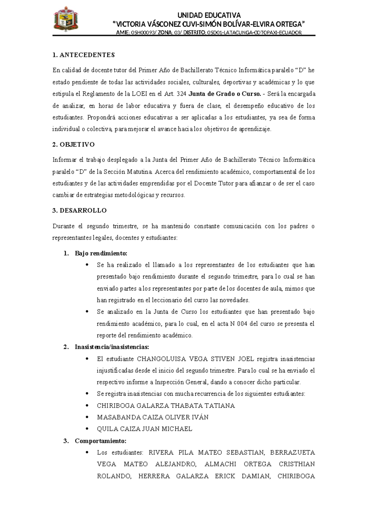 Informe Tutor 2do Trimestre - UNIDAD EDUCATIVA “VICTORIA VÁSCONEZ CUVI-SIMÓN BOLÍVAR-ELVIRA ...