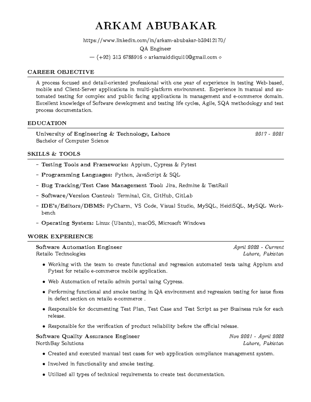 Arkam Abubakar - QA Engineer - ARKAM ABUBAKAR linkedin/in/arkam-abubakar-b39412170/ QA Engineer ...