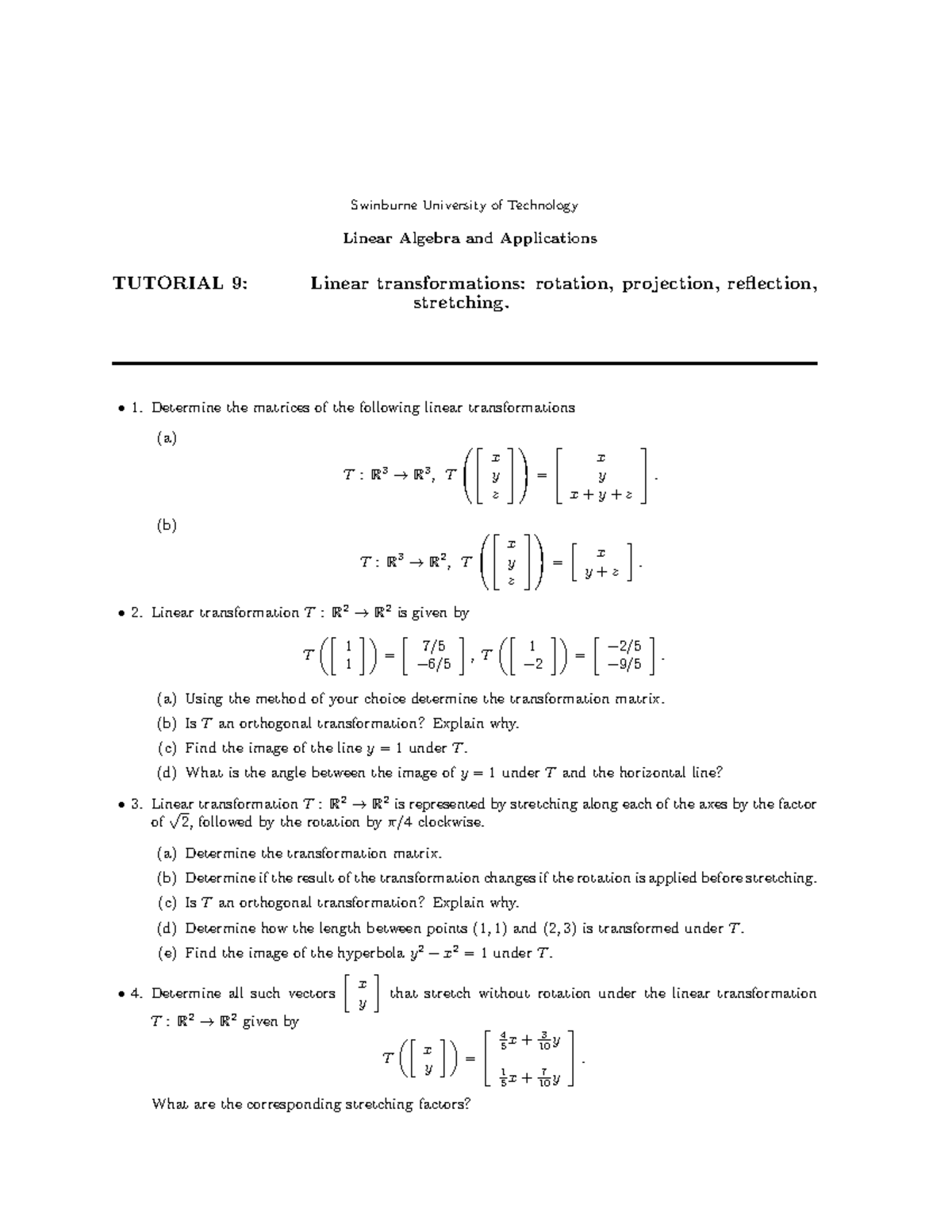Question booklet - Swinburne University of Technology Linear Algebra ...